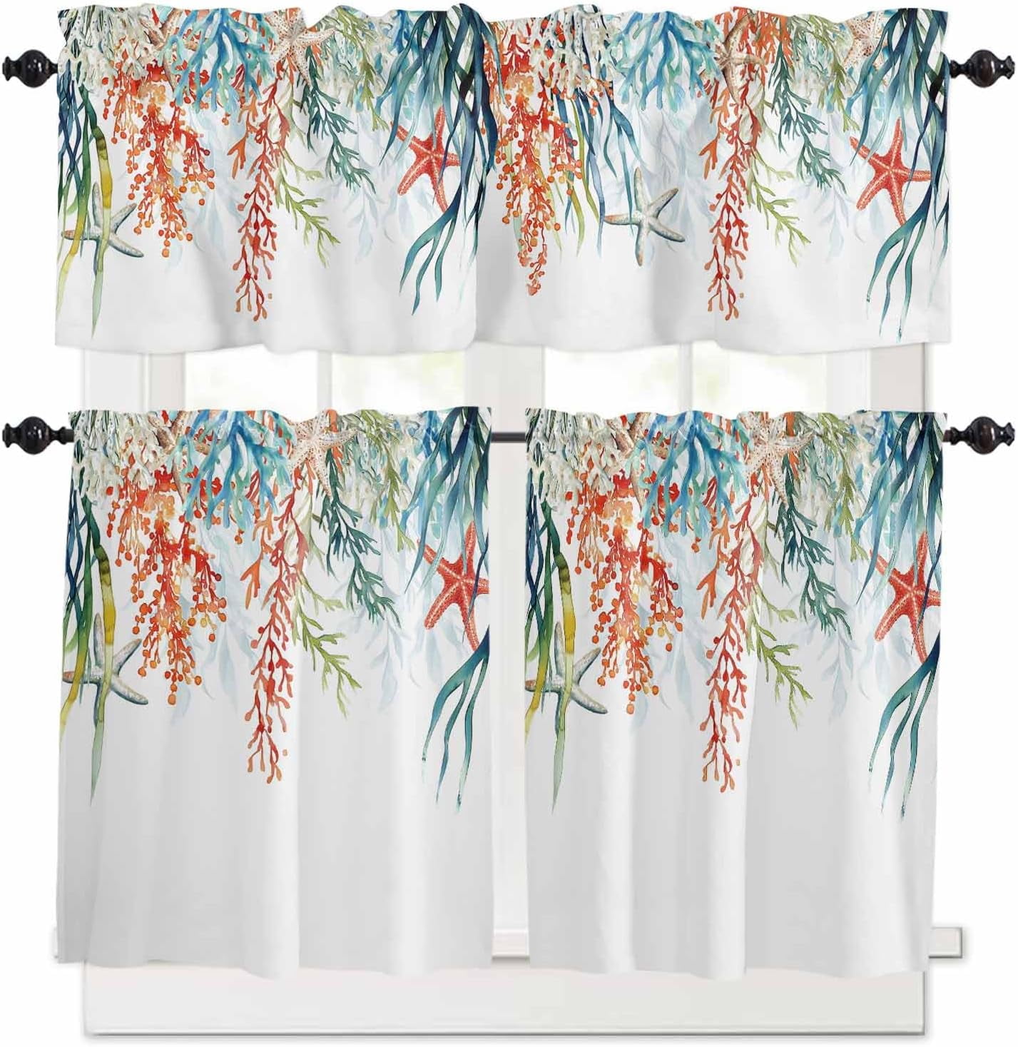 Summer Coastal Kitchen Curtains and Valances Set, Coral Seaweed Shell ...