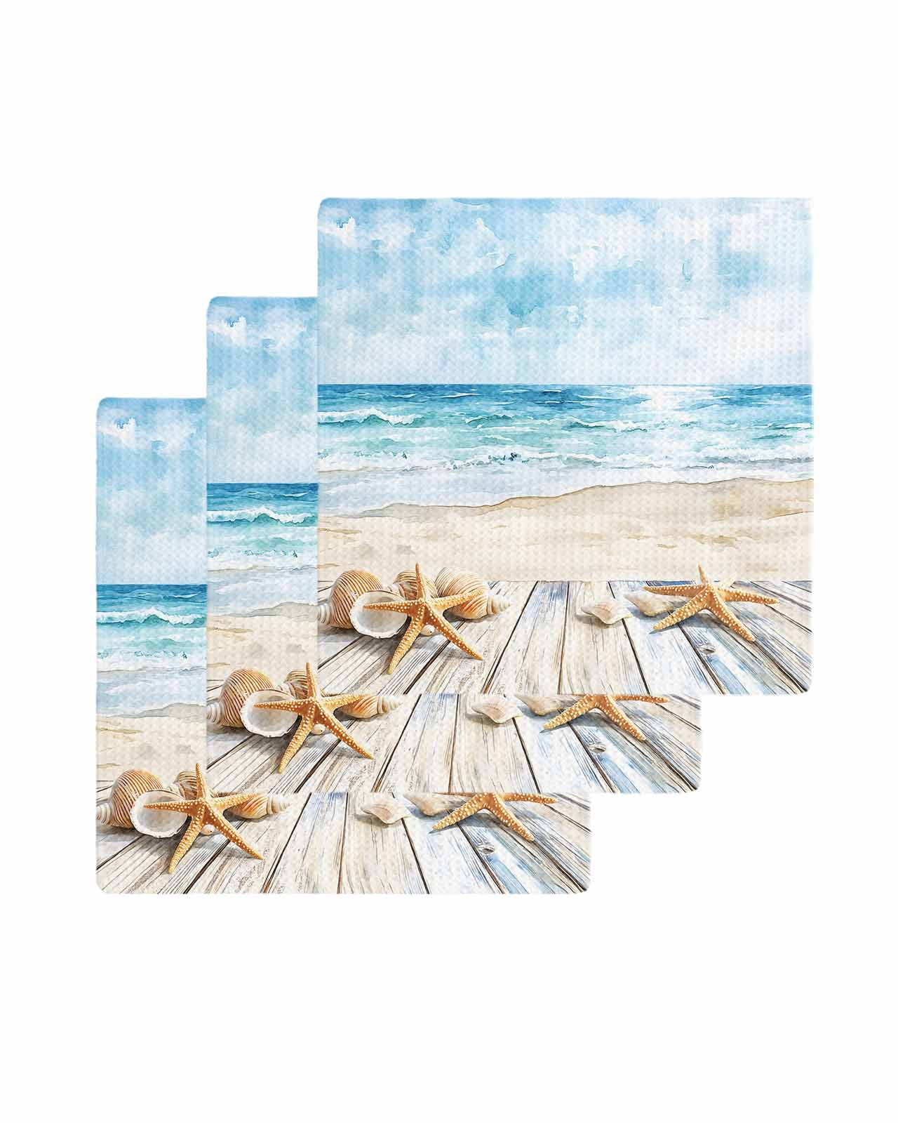 Summer Coastal Kitchen Dish Towels for Drying Dishes Set of 3, Watercolor Ocean Waves Seaside ...