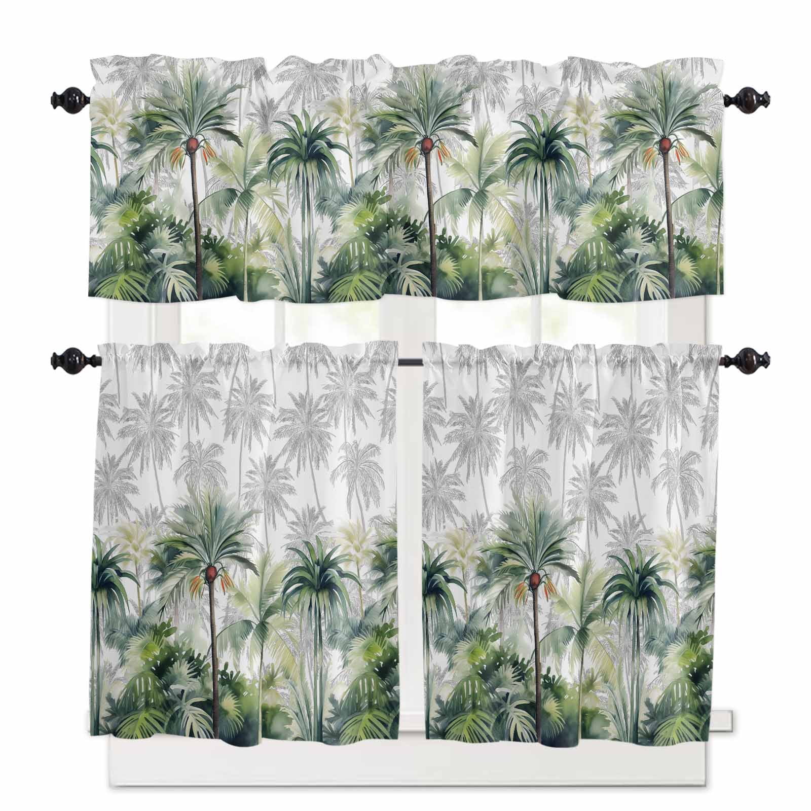 Summer Coastal Palm Tree Kitchen Curtains and Valances Set, Rod Pocket ...