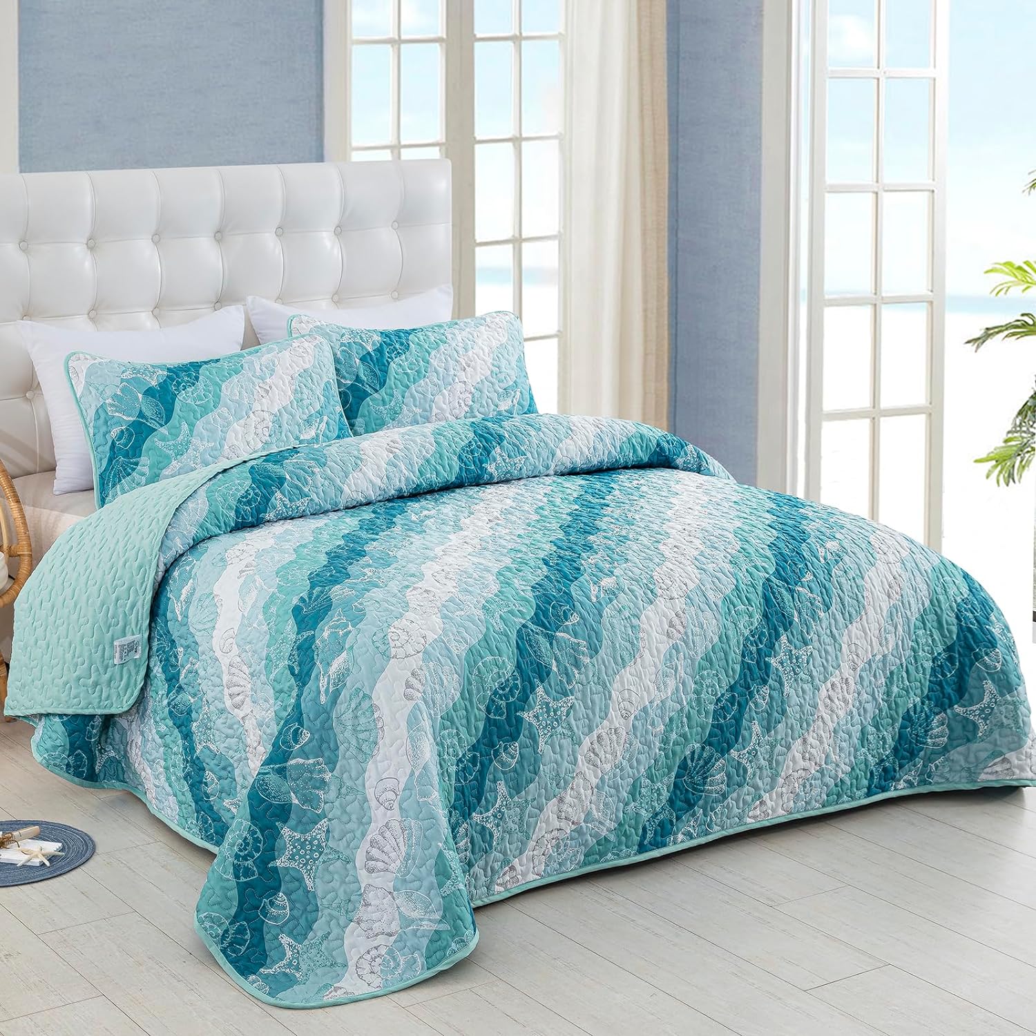Summer Coastal Quilt Set King Size, Blue Green Ocean Beach Themed ...