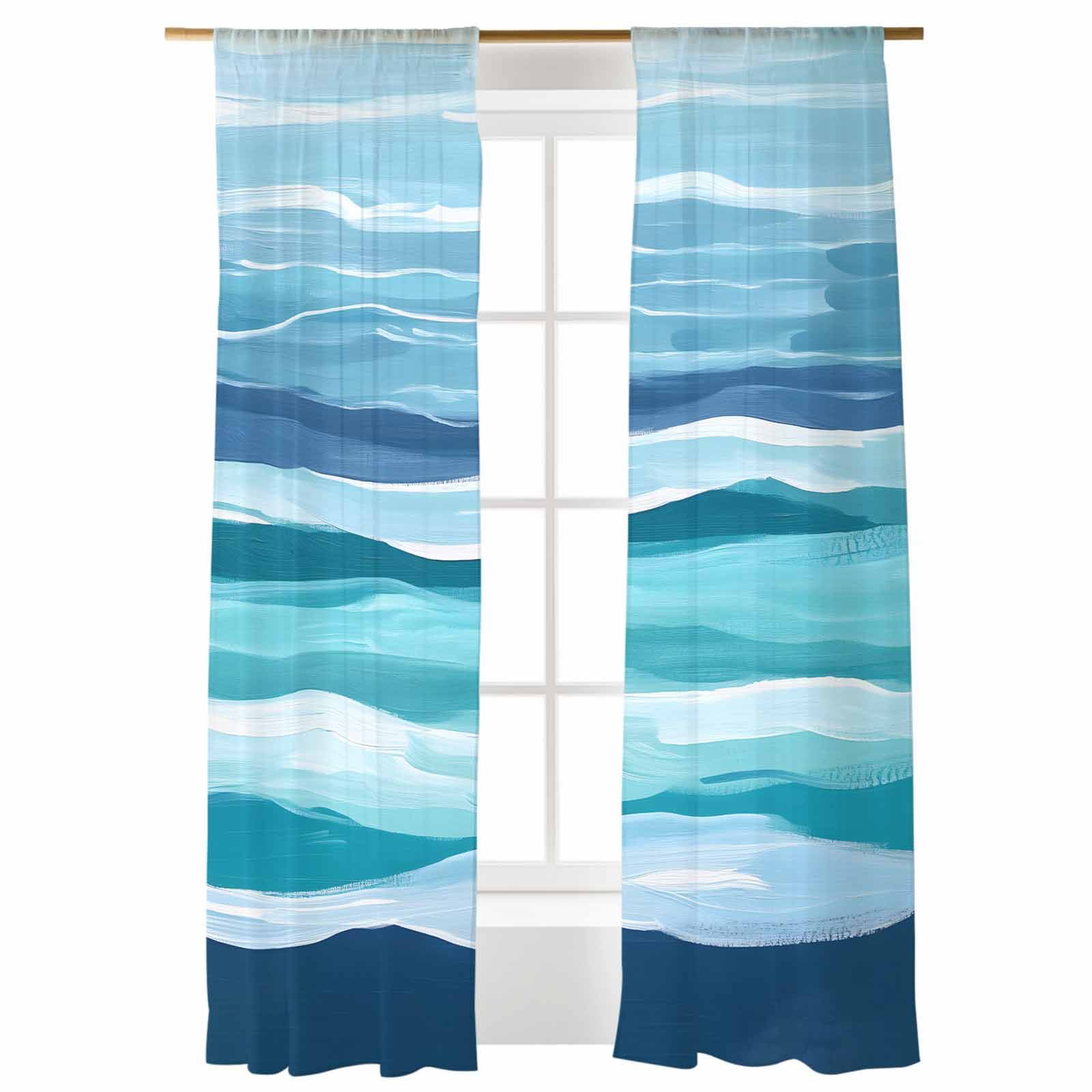 Summer Coastal Sheer Curtains 2 Panels Set, Abstract Ocean Wave Window ...