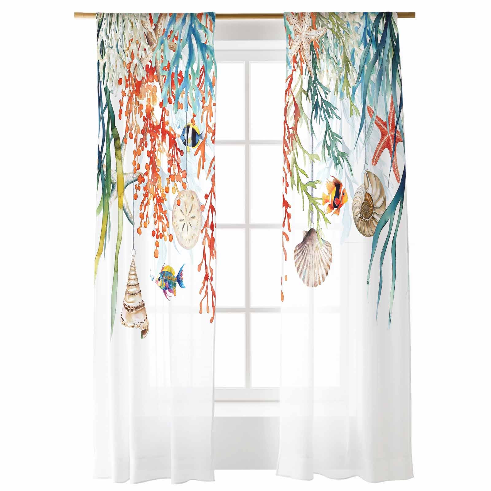 Summer Coastal Sheer Curtains 2 Panels Set, Coral Seaweed Shell ...