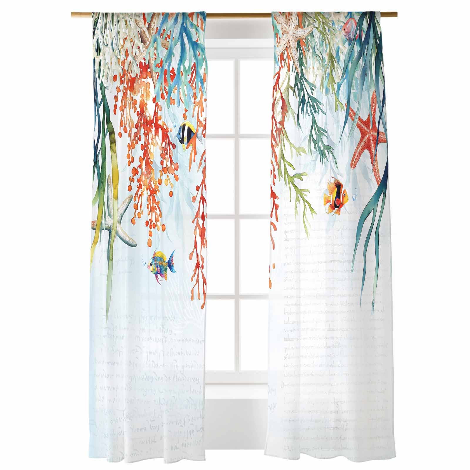 Summer Coastal Sheer Curtains 2 Panels Set, Coral Seaweed Shell ...