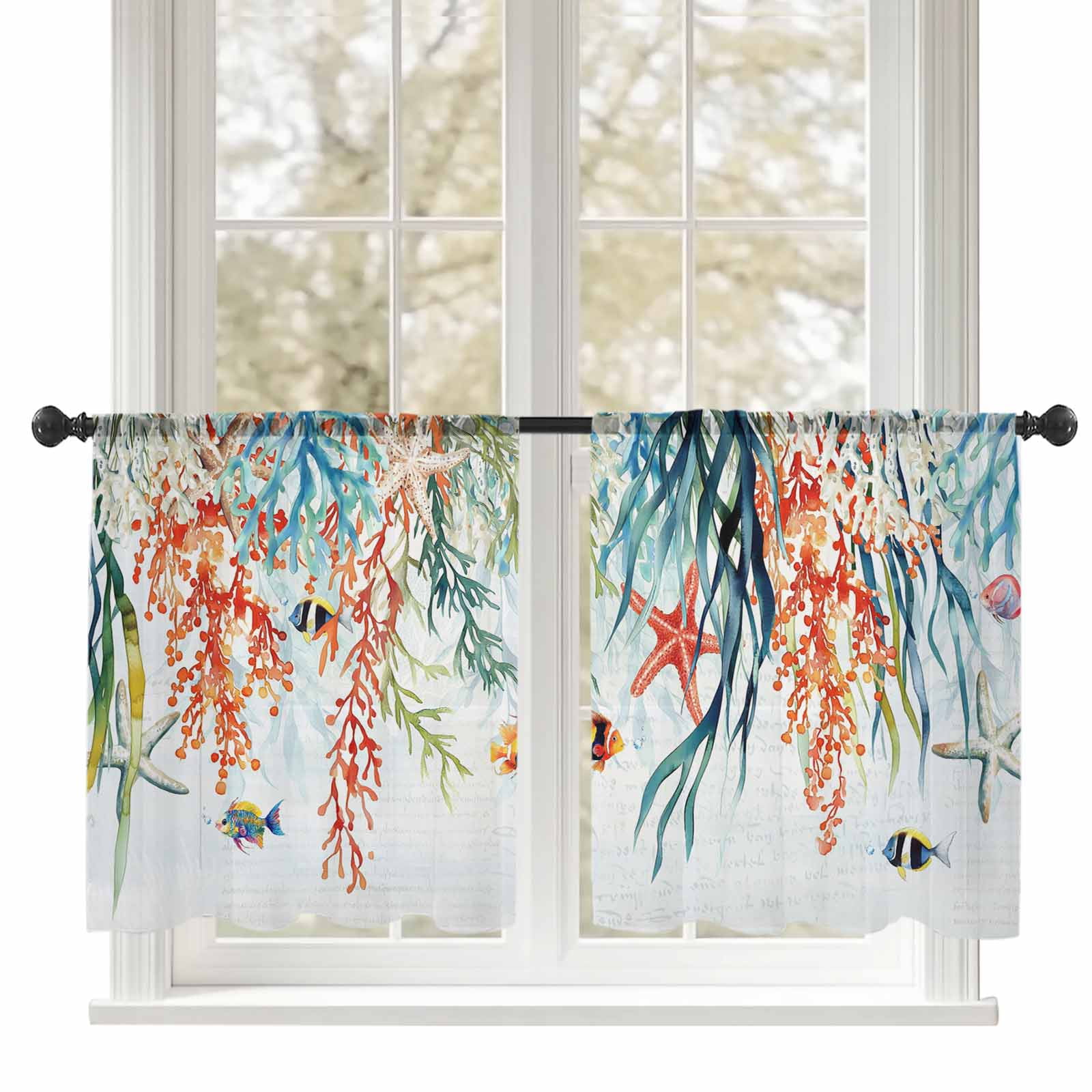 Summer Coastal Sheer Curtains 2 Panels Set, Coral Seaweed Shell ...