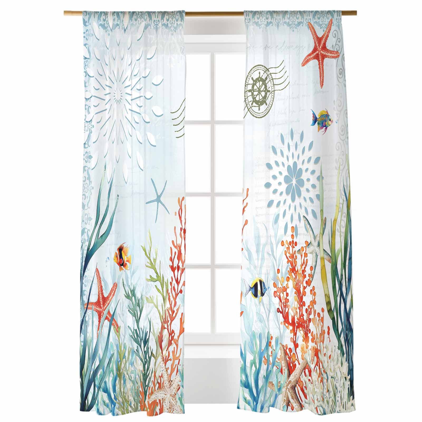 Summer Coastal Sheer Curtains 2 Panels Set, Ocean Coral Seaweed Window ...