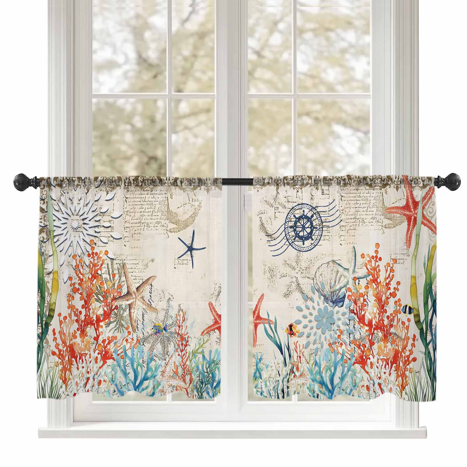 Summer Coastal Sheer Curtains 54 inches Long, Ocean Coral Seaweed ...