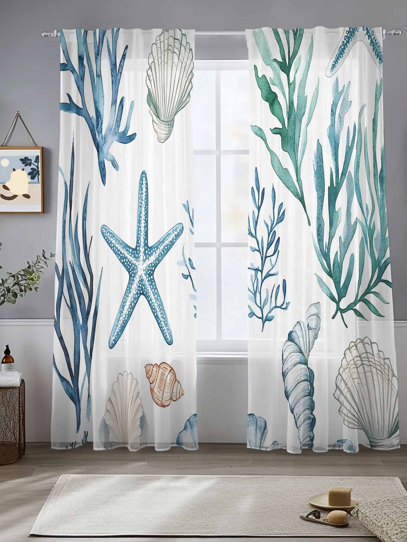 Summer Coastal Sheer Curtains for Living Room Bedroom Ocean Watercolor ...