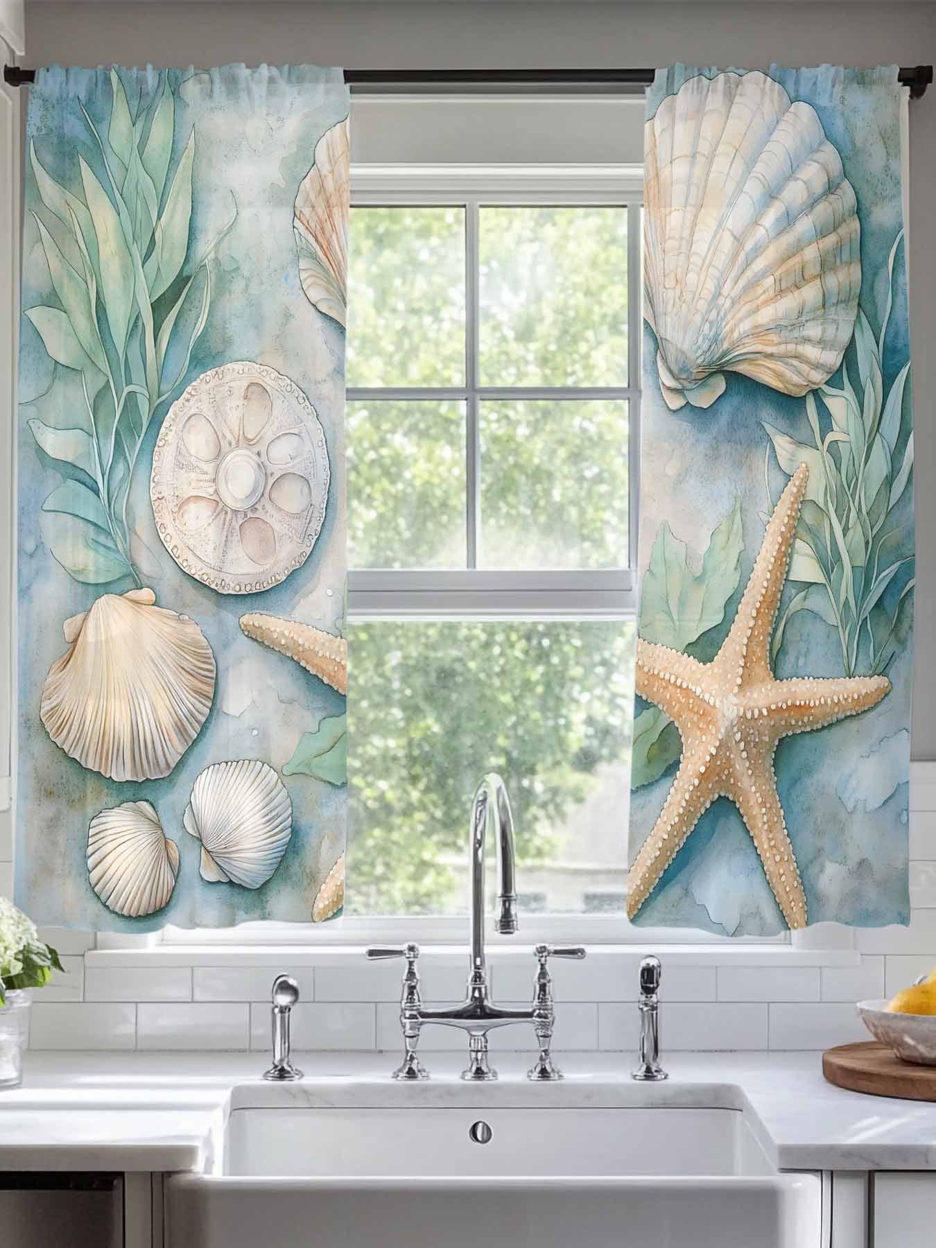 Summer Coastal Sheer Curtains for Living Room Bedroom Starfish Coral ...