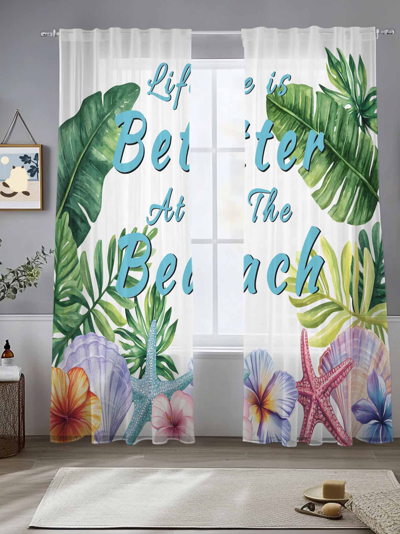 Summer Coastal Sheer Curtains for Living Room Bedroom Tropical Plants ...