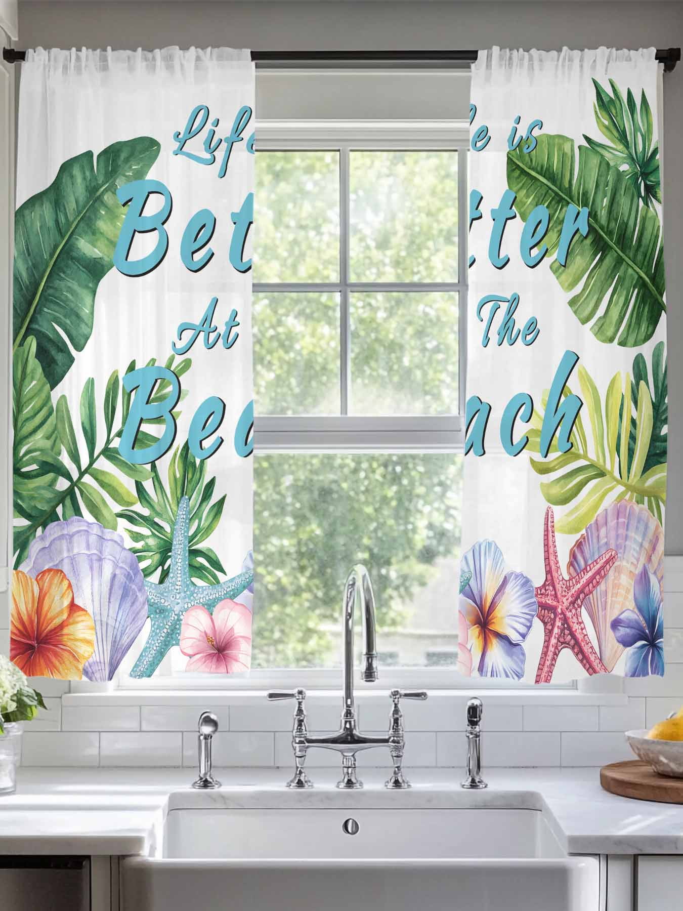 Summer Coastal Sheer Curtains for Living Room Bedroom Tropical Plants ...