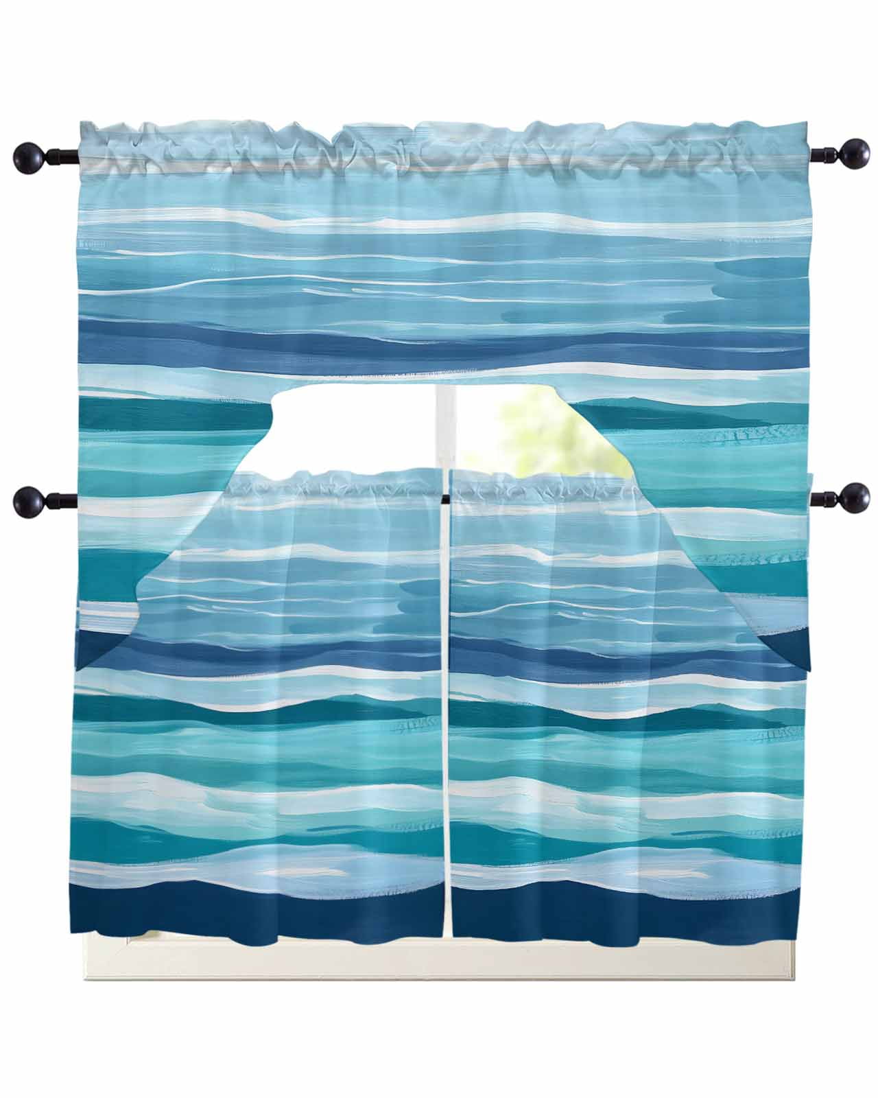 Summer Coastal Swag Valance and Tier Curtains Set Abstract Ocean Wave ...