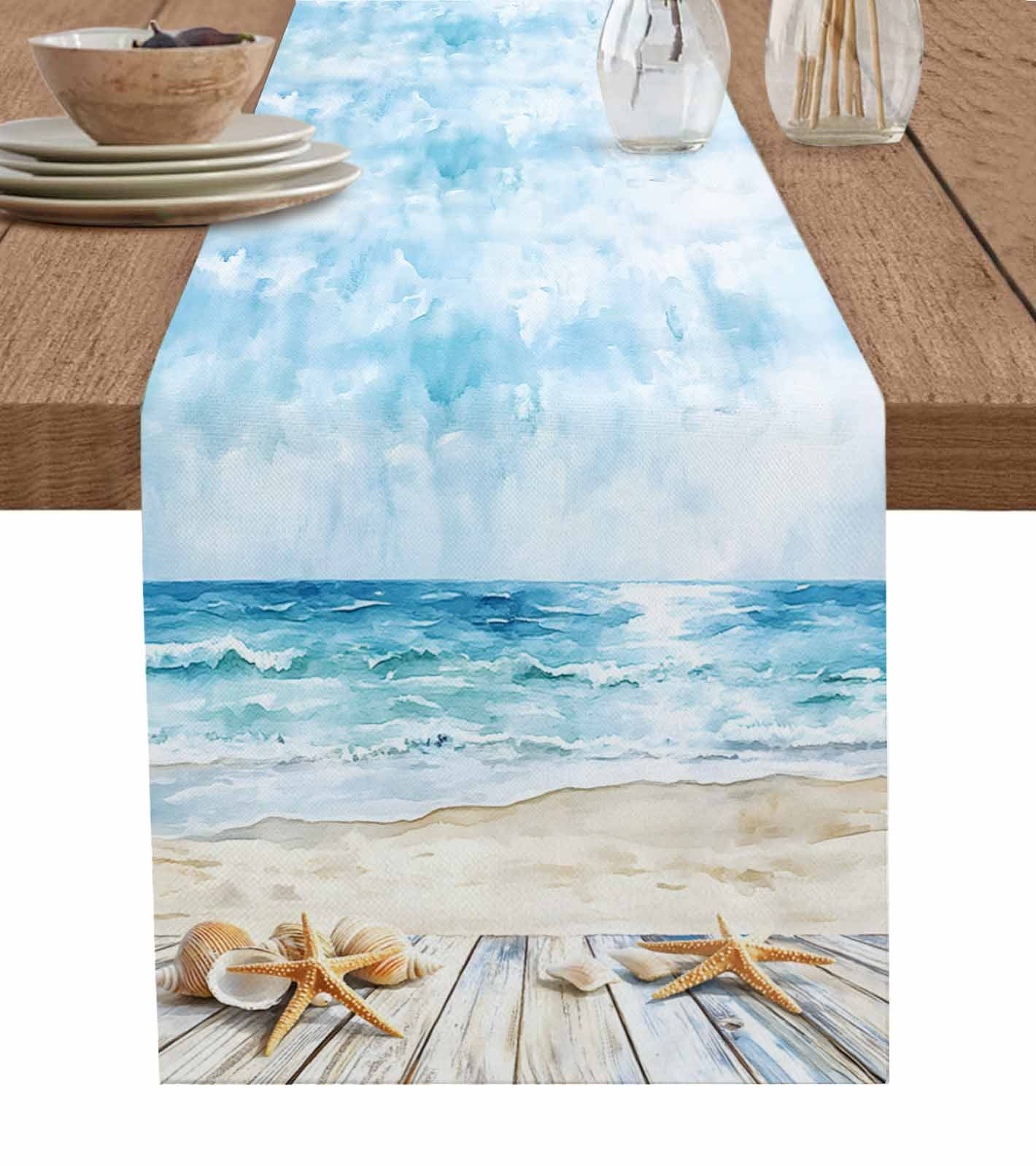 Summer Coastal Table Runner 72 Inches, Watercolor Ocean Waves Seaside ...
