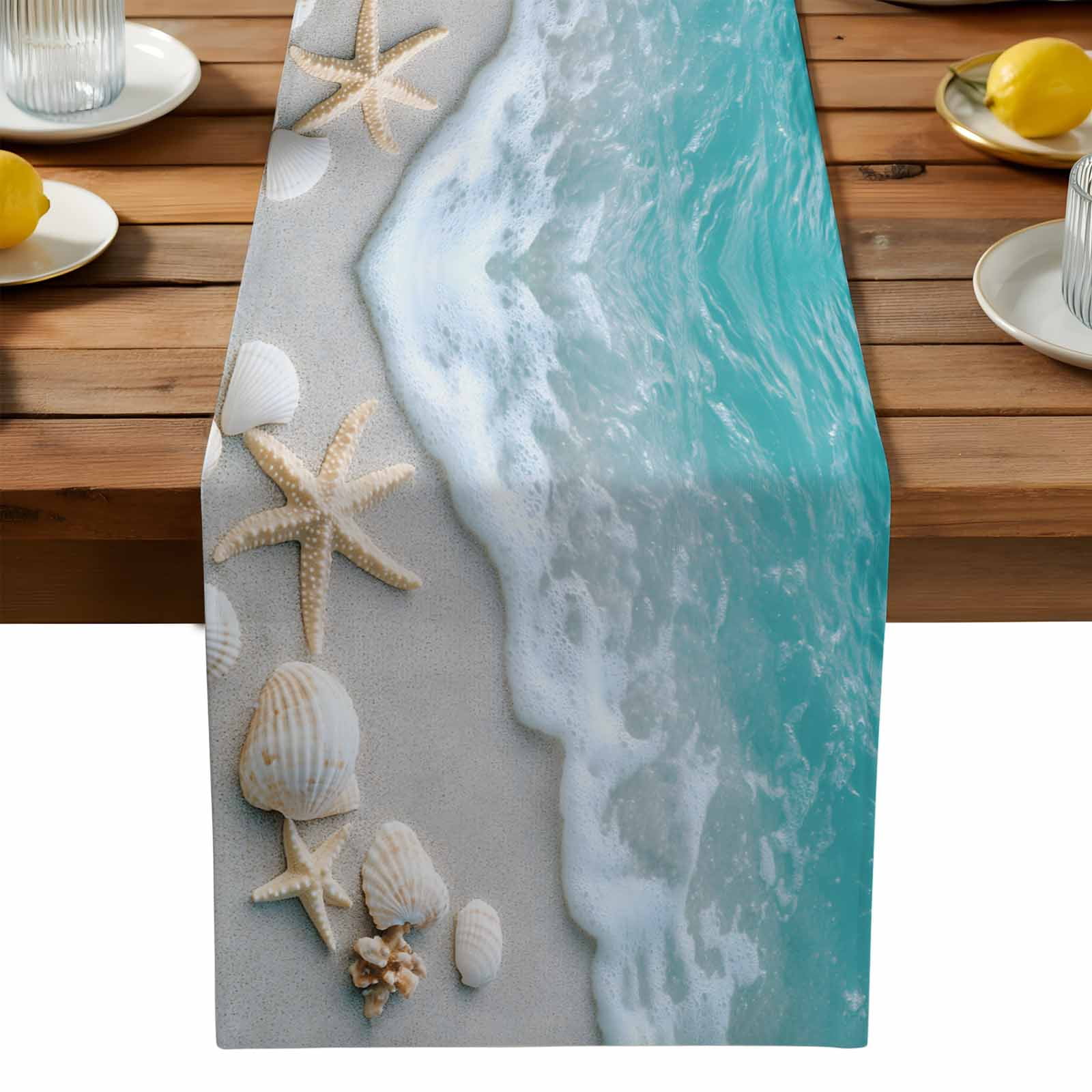 Summer Coastal Table Runner, Ocean Starfish Beach Shell Cotton Linen ...