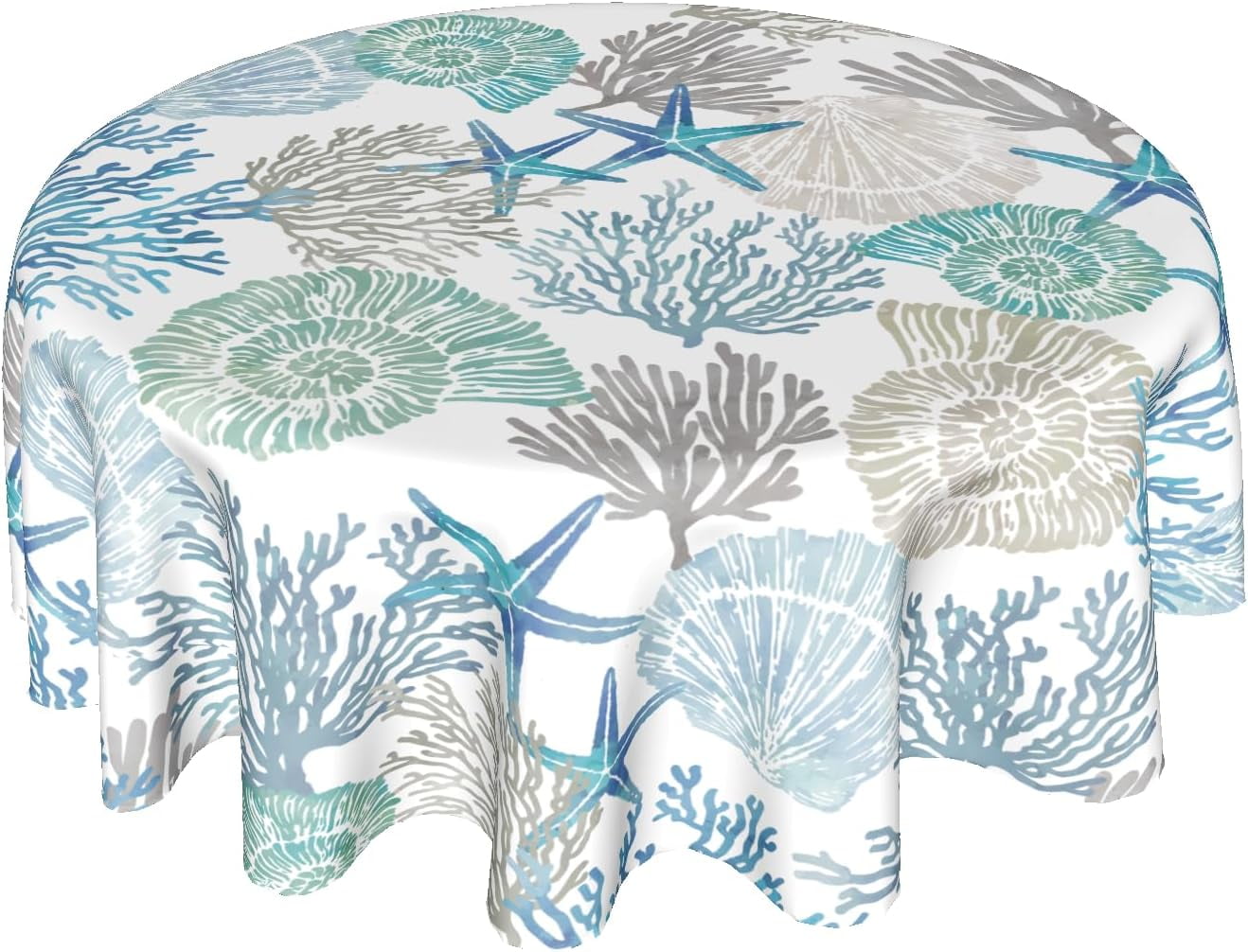 Summer Coastal Tablecloth Round 60 Inch, Blue Nautical Coral Seashell ...