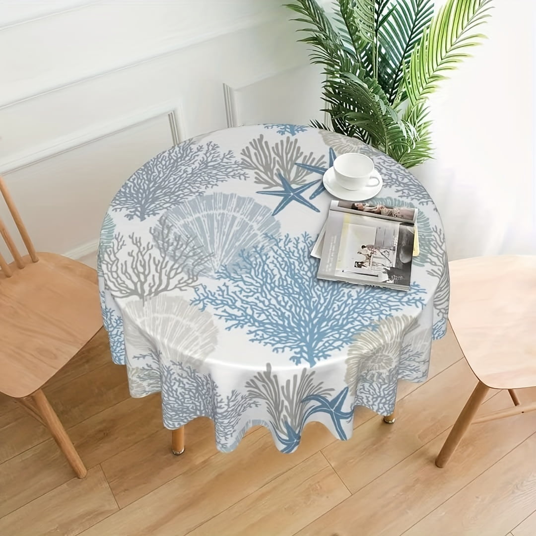Summer Coastal Tablecloth Round Waterproof Rustic Blue Sea Coral ...