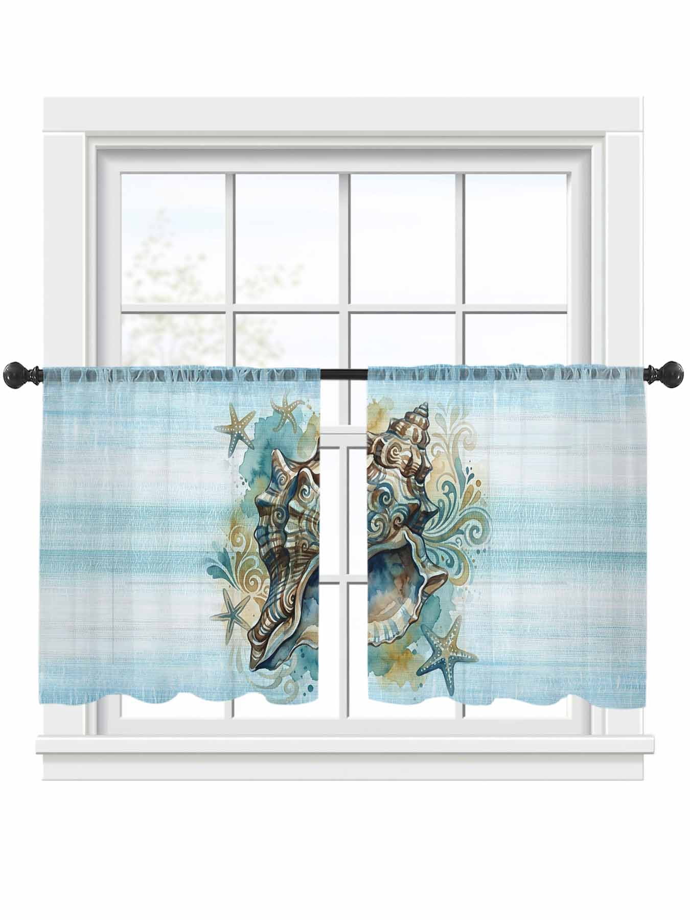 Summer Coastal Window Sheer Curtain Brown Retro Texture Conch Starfish ...