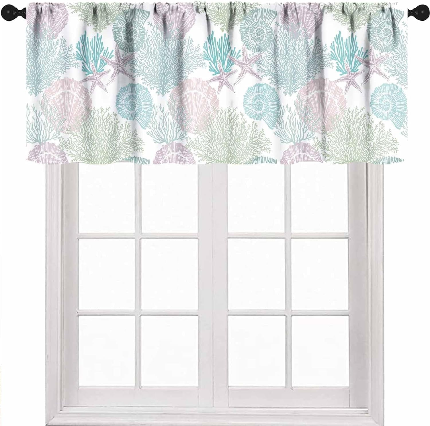 Summer Coastal Windows Valances,Ocean Beach Green Starfish Seashell ...