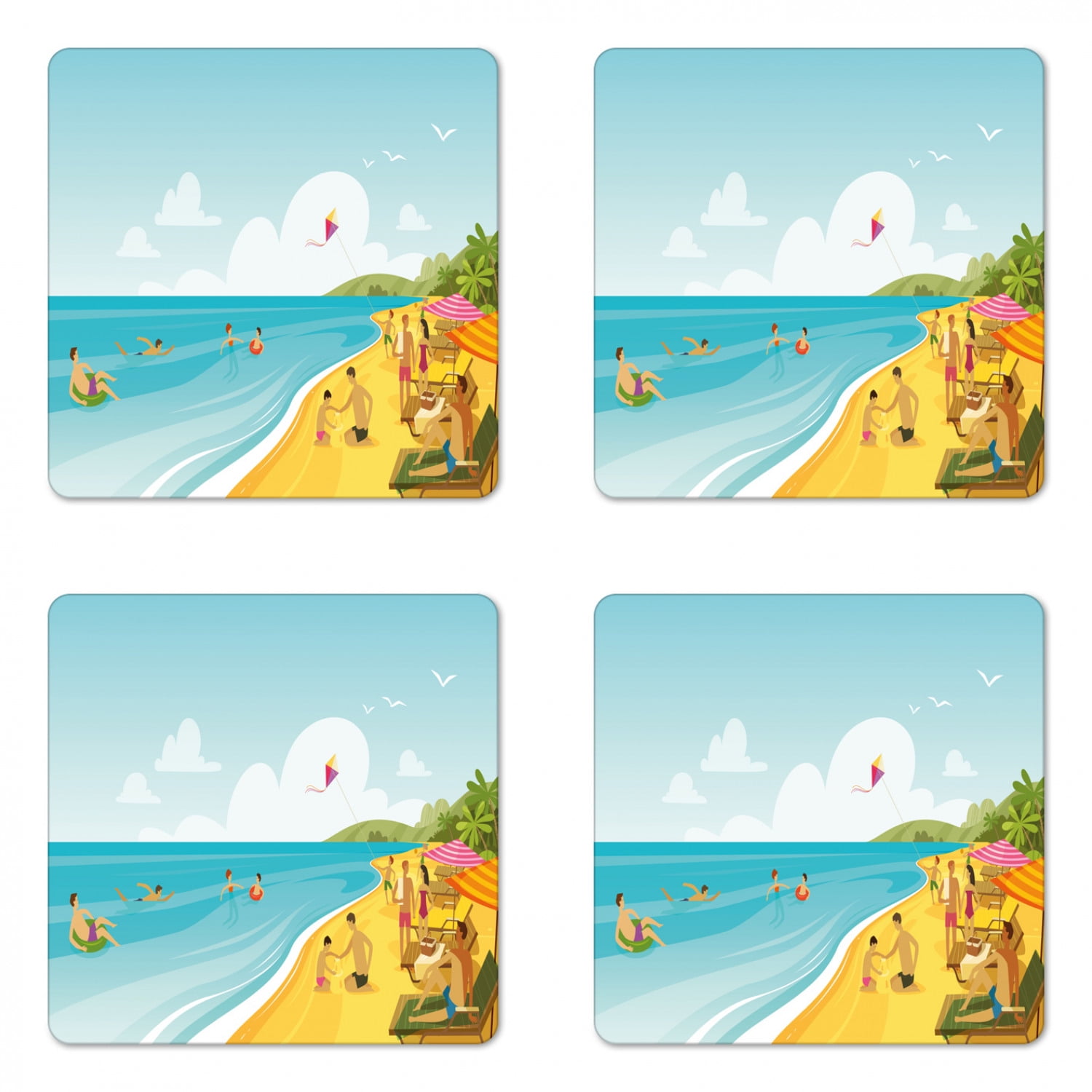 Summer Coaster Set of 4, People Resting Sunbathing Swimming at the ...