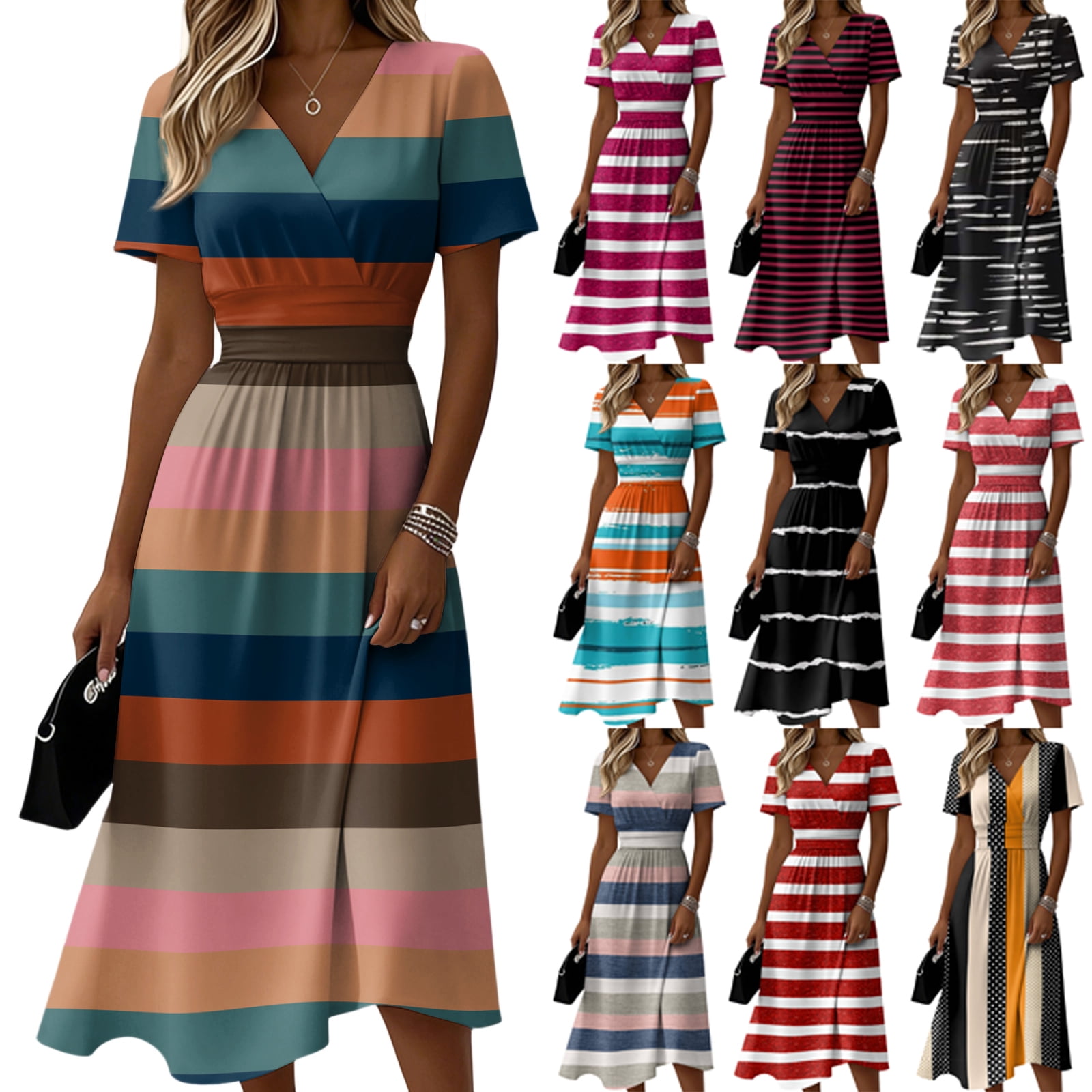 Summer Colorful Horizontal Stripe Dresses for Women 2026 - Boho Madi ...