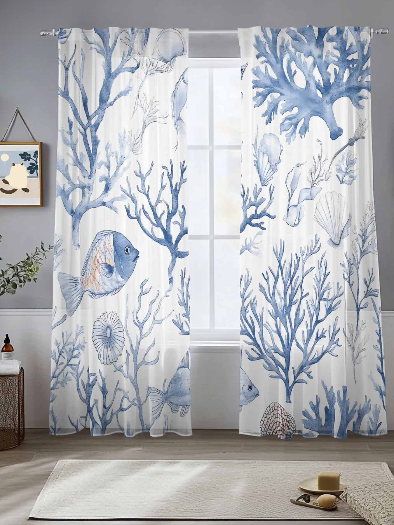 Summer Coral Sheer Curtains for Living Room Bedroom Ocean Fish Blue ...
