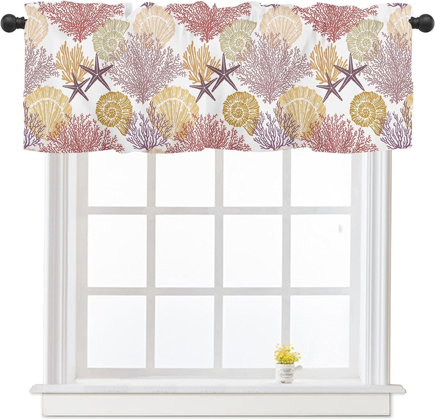 Summer Coral Starfish Kitchen Curtains Valances for Windows Beach Coastal Seashell Window ...