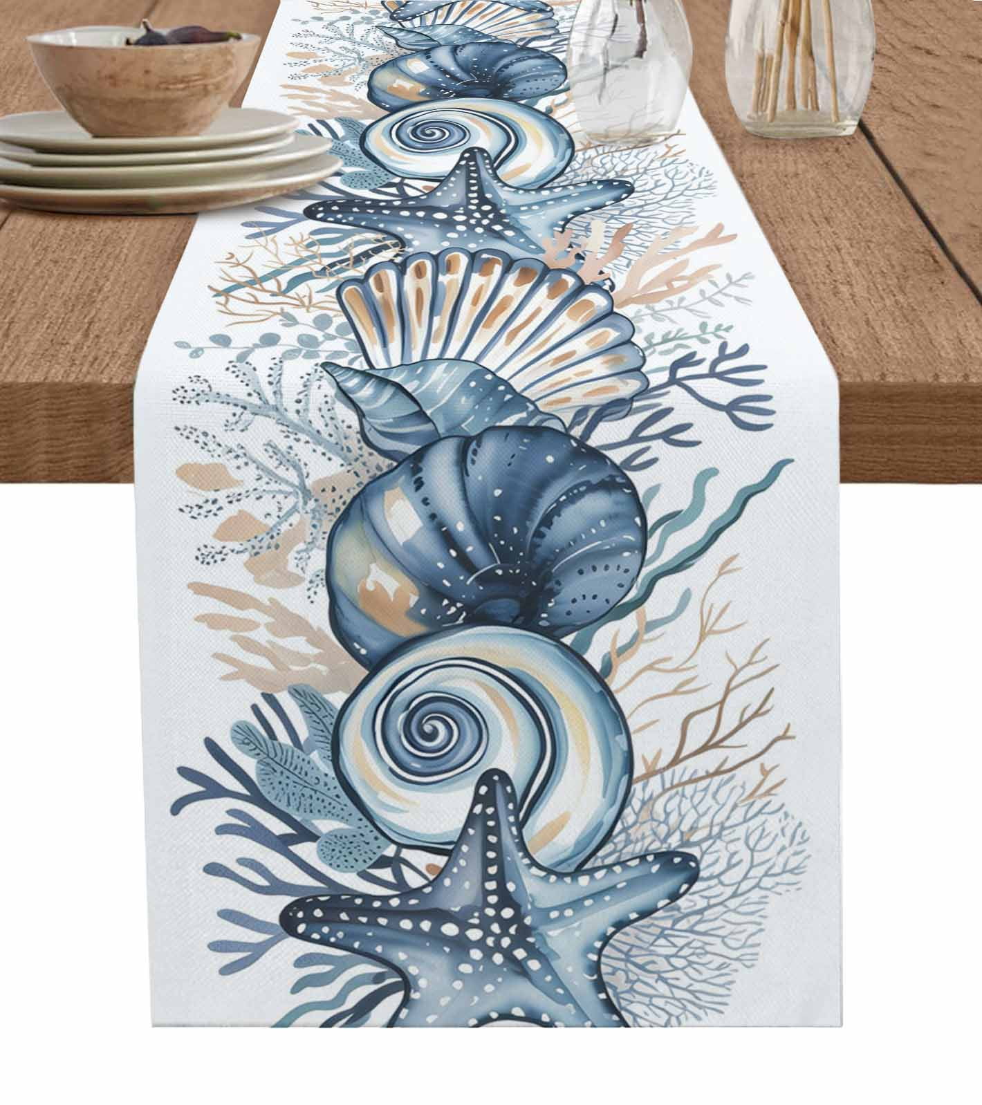 Summer Coral Table Runner Ocean Coastal Conch Shell Blue White ...