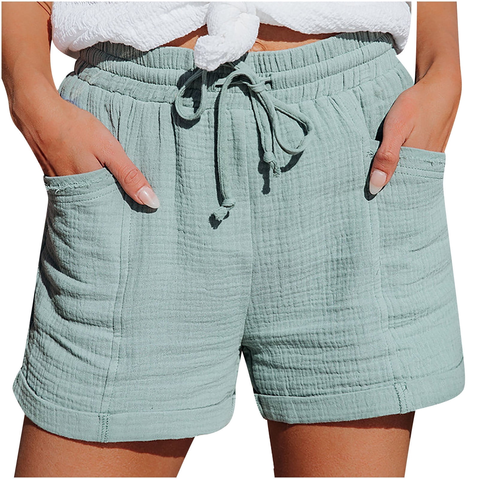 Summer Cotton Linen Shorts for Women Elastic High Waist Casual Solid ...