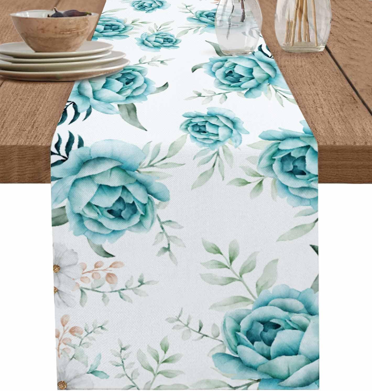 Summer Country Blue Flowers Linen Table Runner Watercolor Plants ...