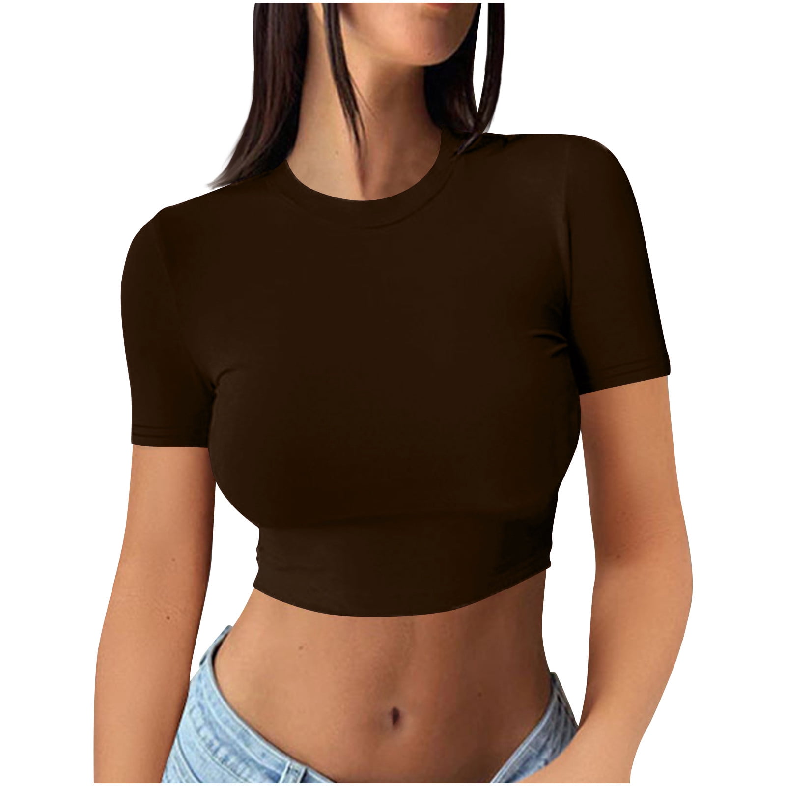 Summer Crop Tops for Women 2024 Trendy Short Sleeve Crew High Neck Slim ...