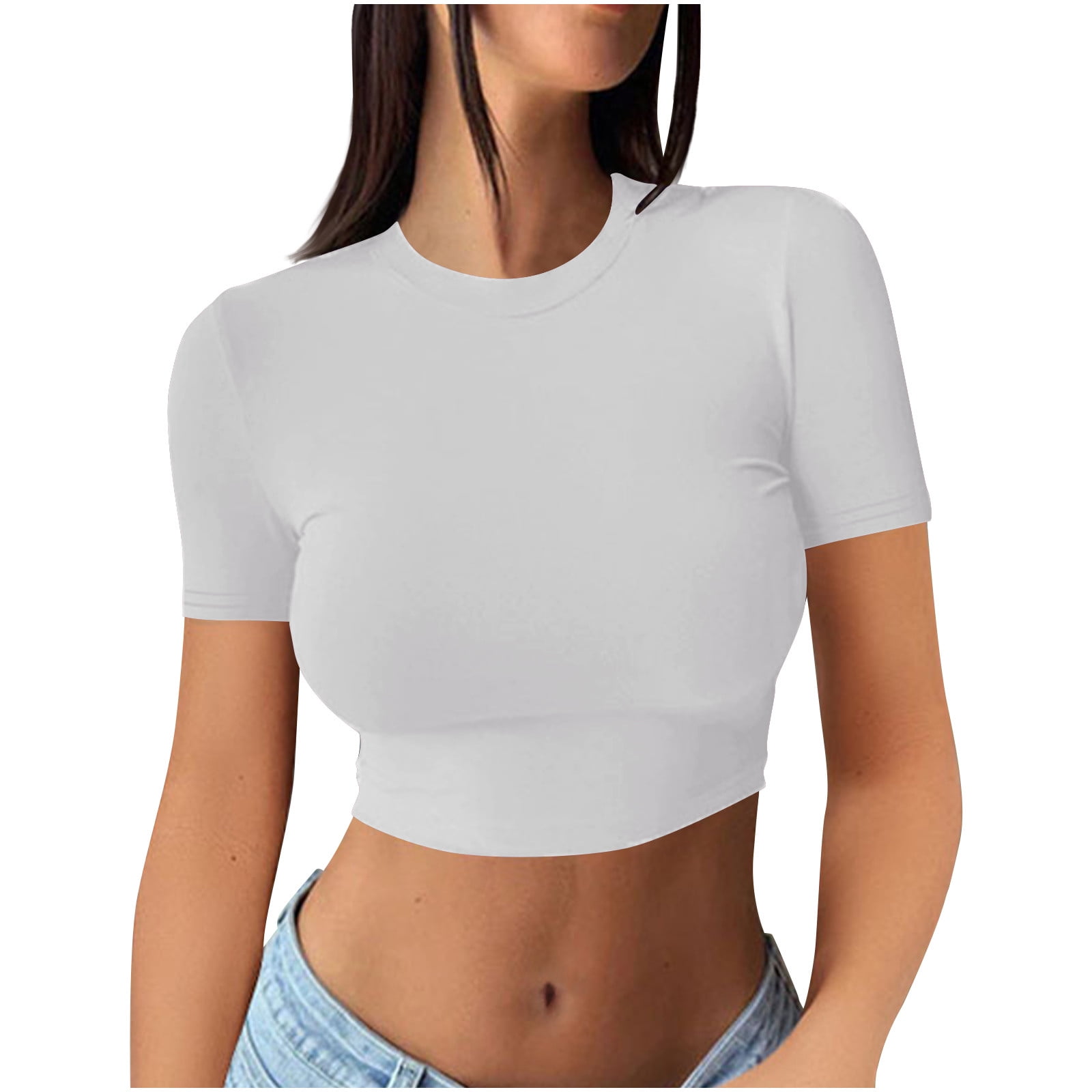 Summer Crop Tops for Women 2024 Trendy Short Sleeve Crew High Neck Slim ...