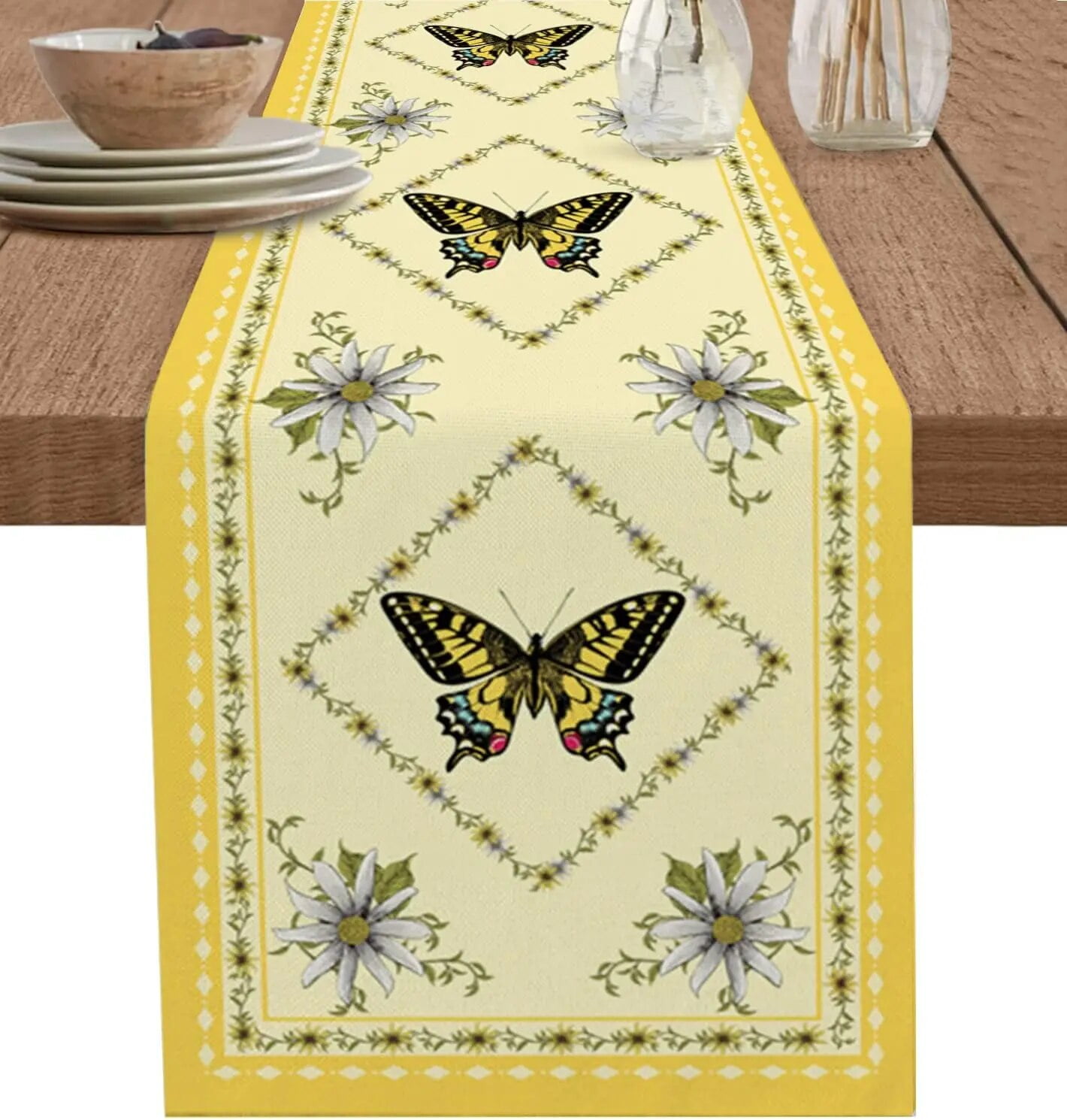 Summer Daisy Flower Butterfly Linen Table Runners Spring Floral Dresser ...