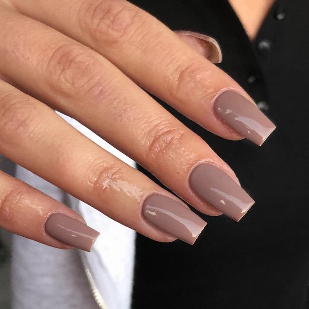 Summer Dark Nude Press on Nails Medium Short Square, Salon Like Coffin ...