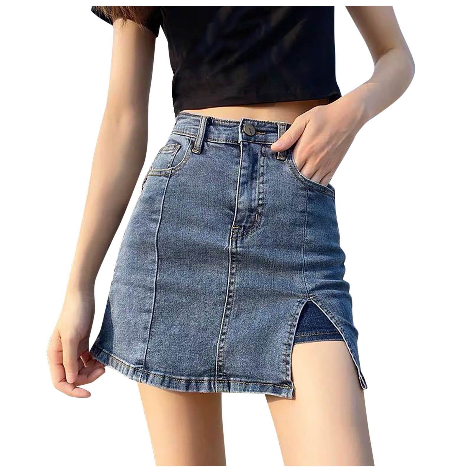 Summer Deals Jean Skorts For Woman High Waisted Trendy Slit Stretchy