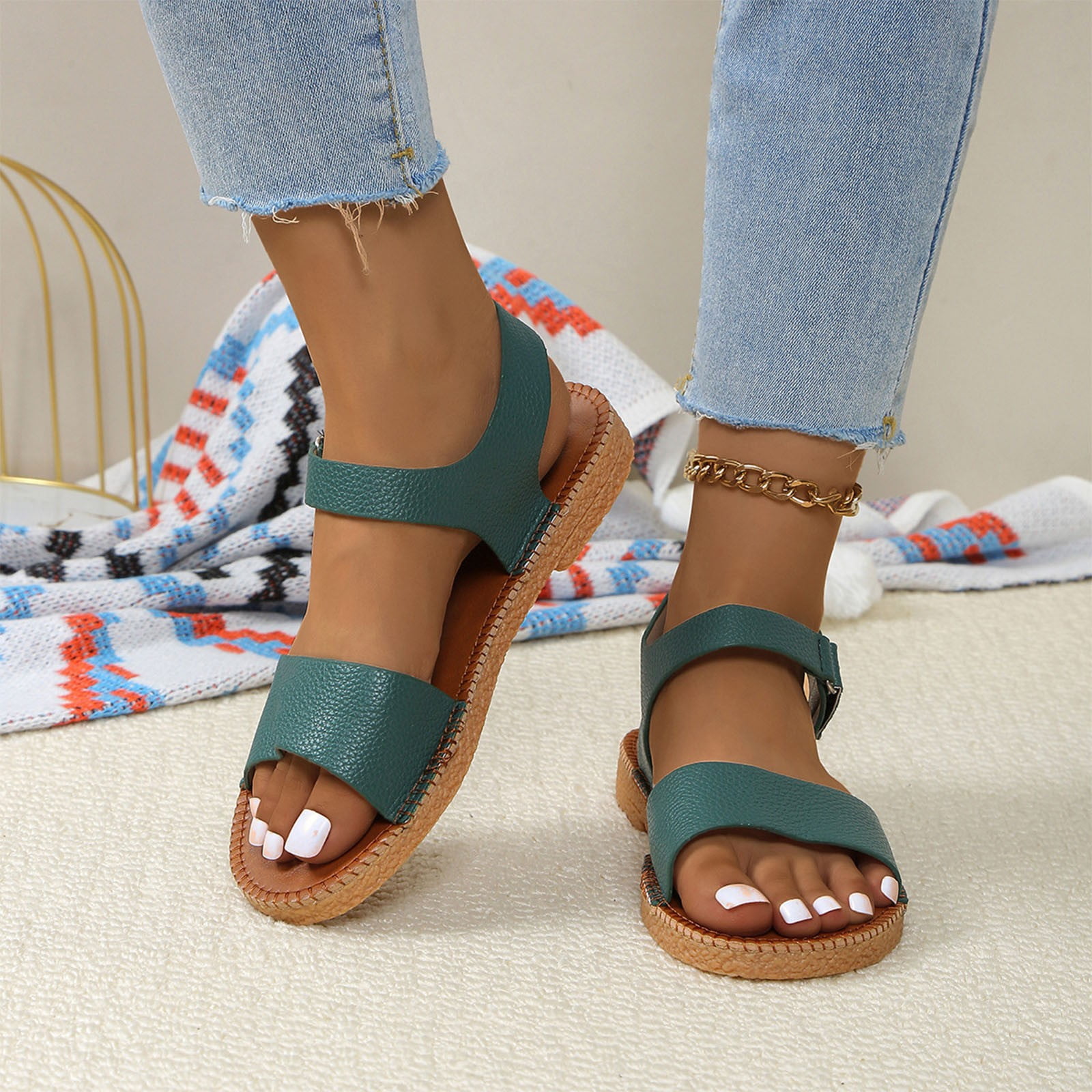 Summer Sandals for Women 2025 Open Toe Ankle Strap Flats Slides ...
