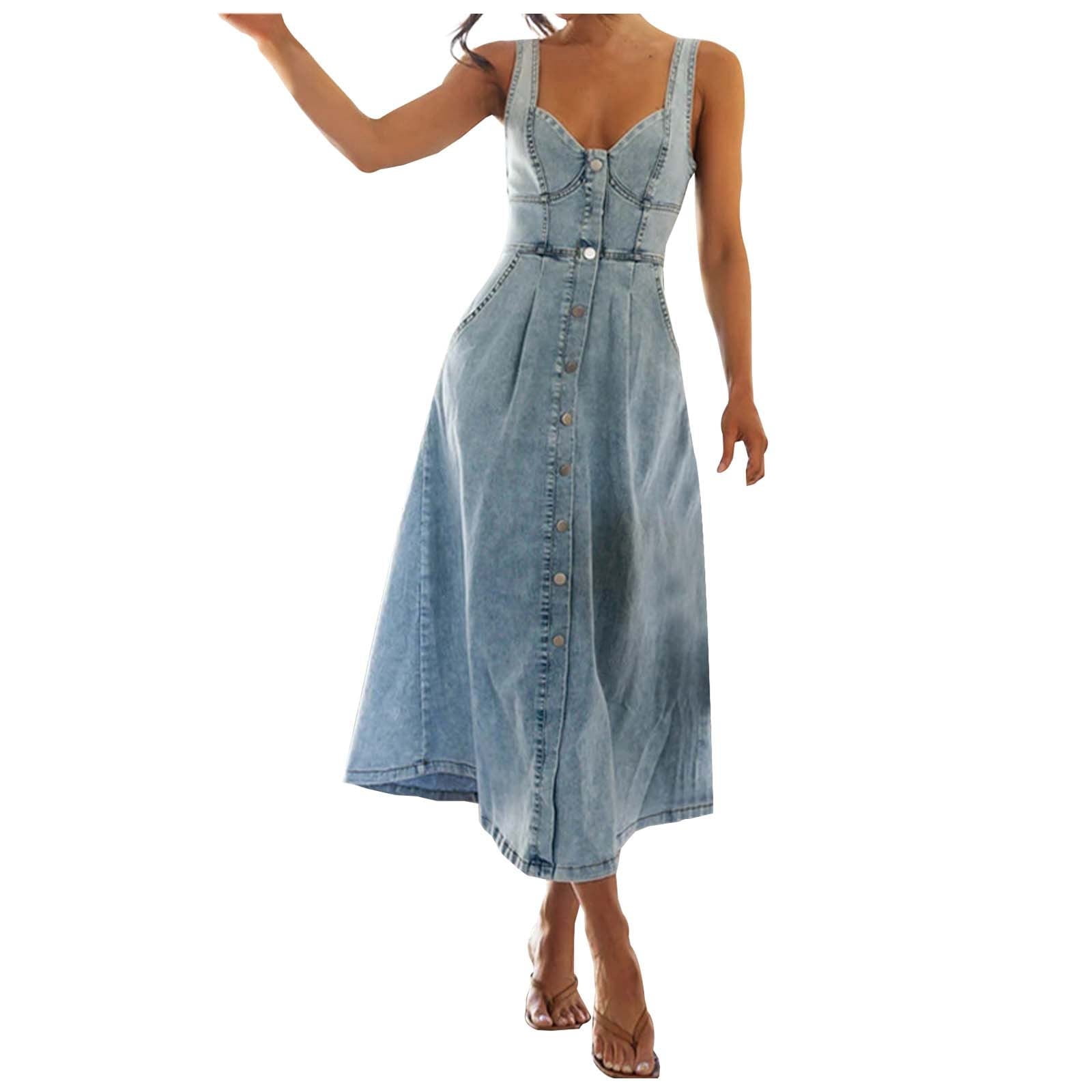 Summer Denim Dresses for Women Trendy Slim Button Tank Dress Vintage ...
