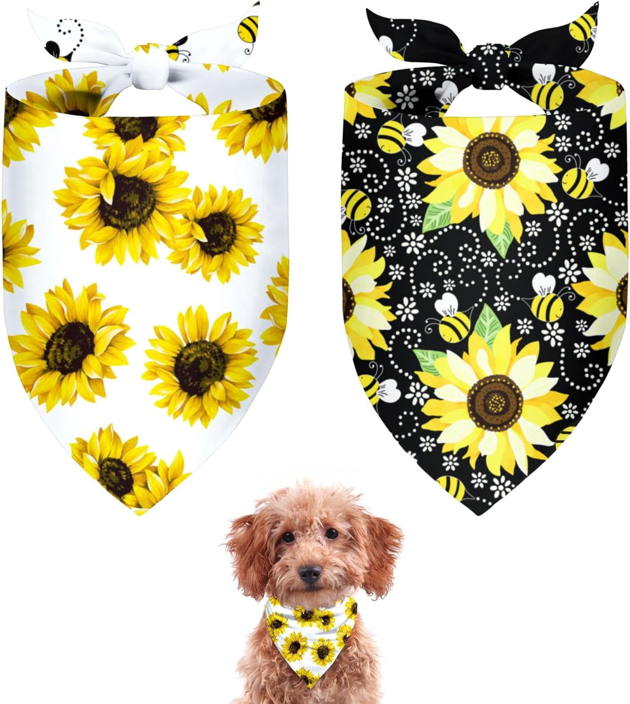 Summer Dog Bandanas 2 Large Pack,Black White Sunflower Bee Reversible ...