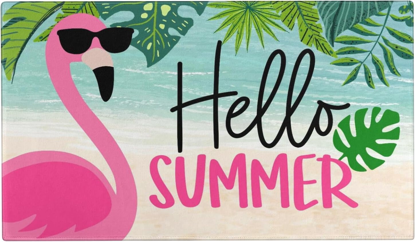 Summer Door Mat,Flamingo Tropical Leaves Beach Indoor Outdoor Non-Slip ...