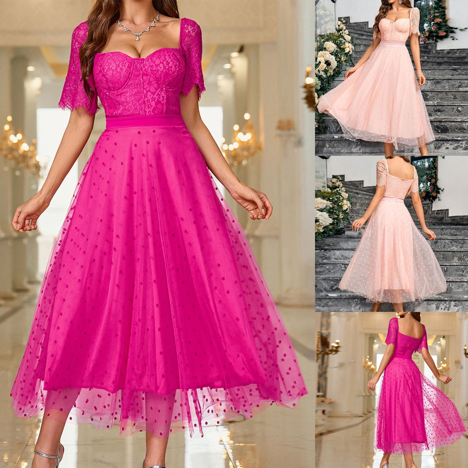 Pink Summer Wedding Guest Dresses for Women Short Sleeve Cre W Neck ...