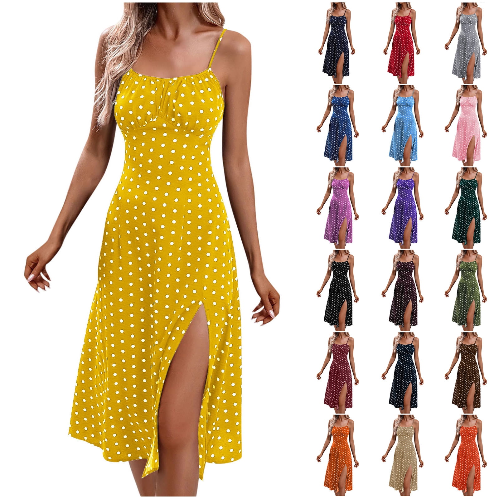 Yellow Womens Summer Dresses Spaghetti Strap Sleeve Less Crw Neck Midi ...