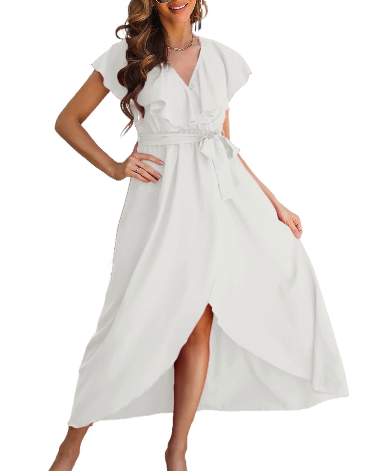 Summer Dreses for Women 2024 New Tied Waist Midi Dress Ruffle Sleeve ...