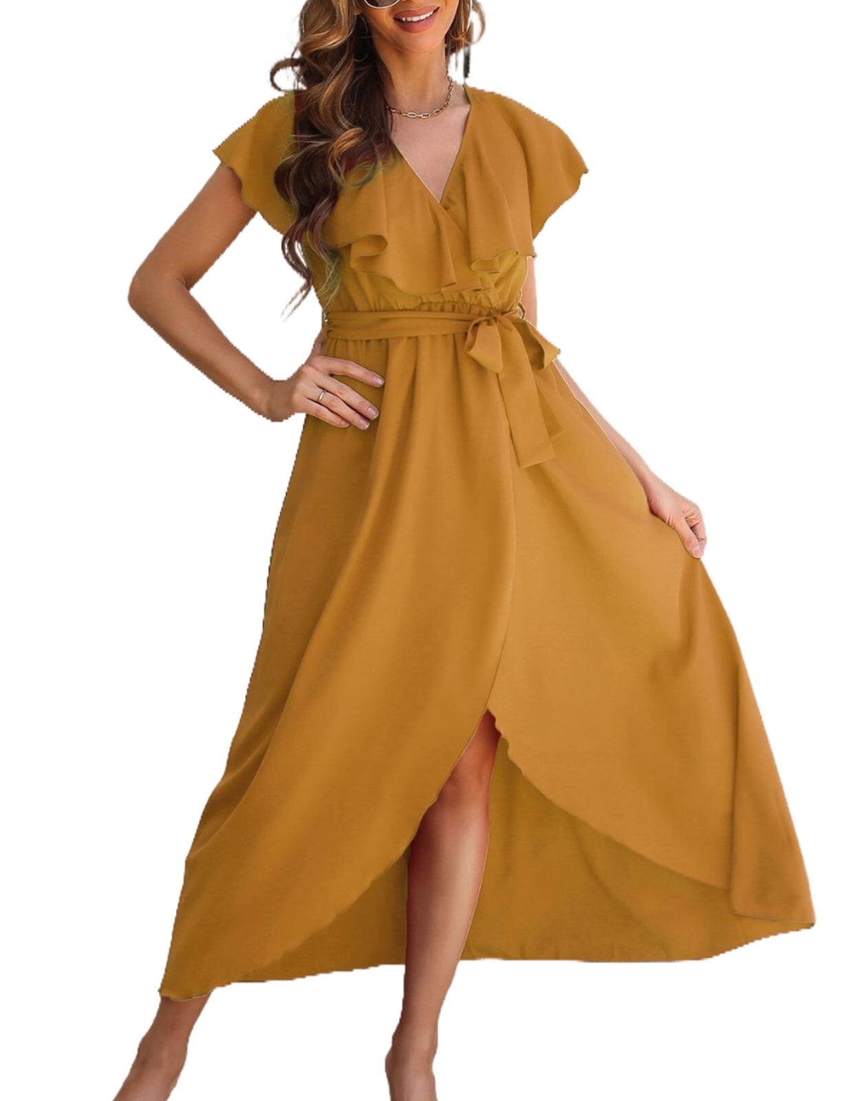 Summer Dreses for Women 2024 New Tied Waist Midi Dress Ruffle Sleeve ...