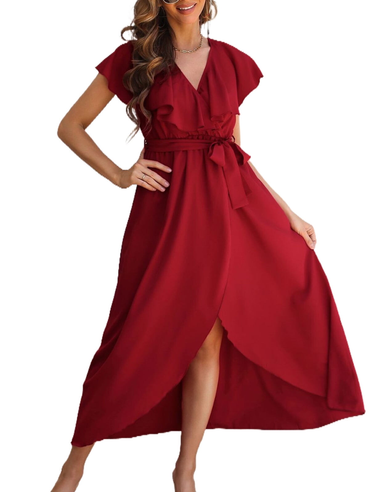 Summer Dreses for Women 2024 New Tied Waist Midi Dress Ruffle Sleeve ...