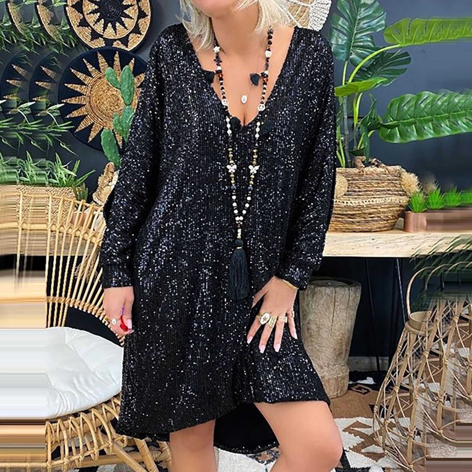 Summer Dress Womens Plus Size Plus Size Sequin V Neck Loose Long