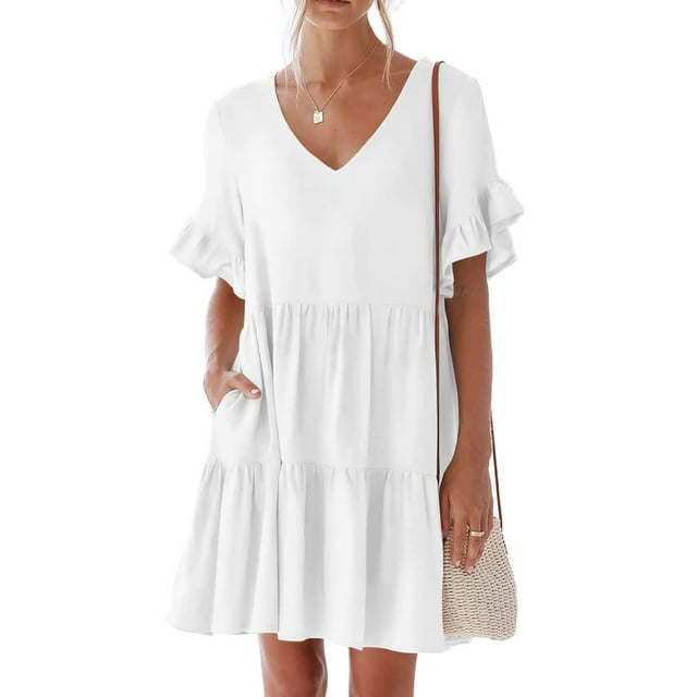 Summer Dress for Women Plus Size Ruffled Short Sleeve Solid Color ...