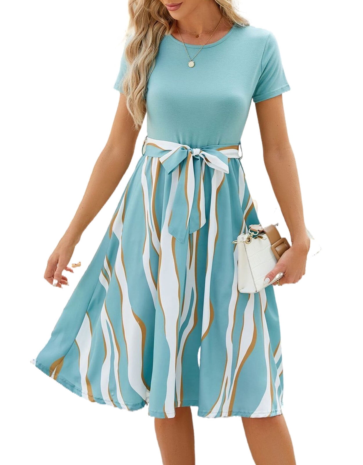 Shermie Summer Dress, Round Neck, Short Sleeve, Striped High Waisted ...