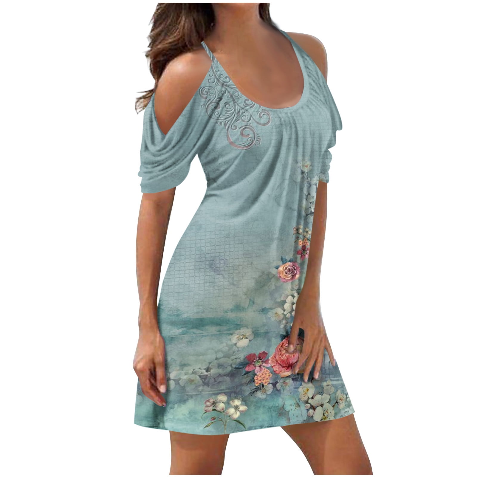 Summer Dresses for Women 2023 Pejock Women's Round Neck Cold Shoulder T ...