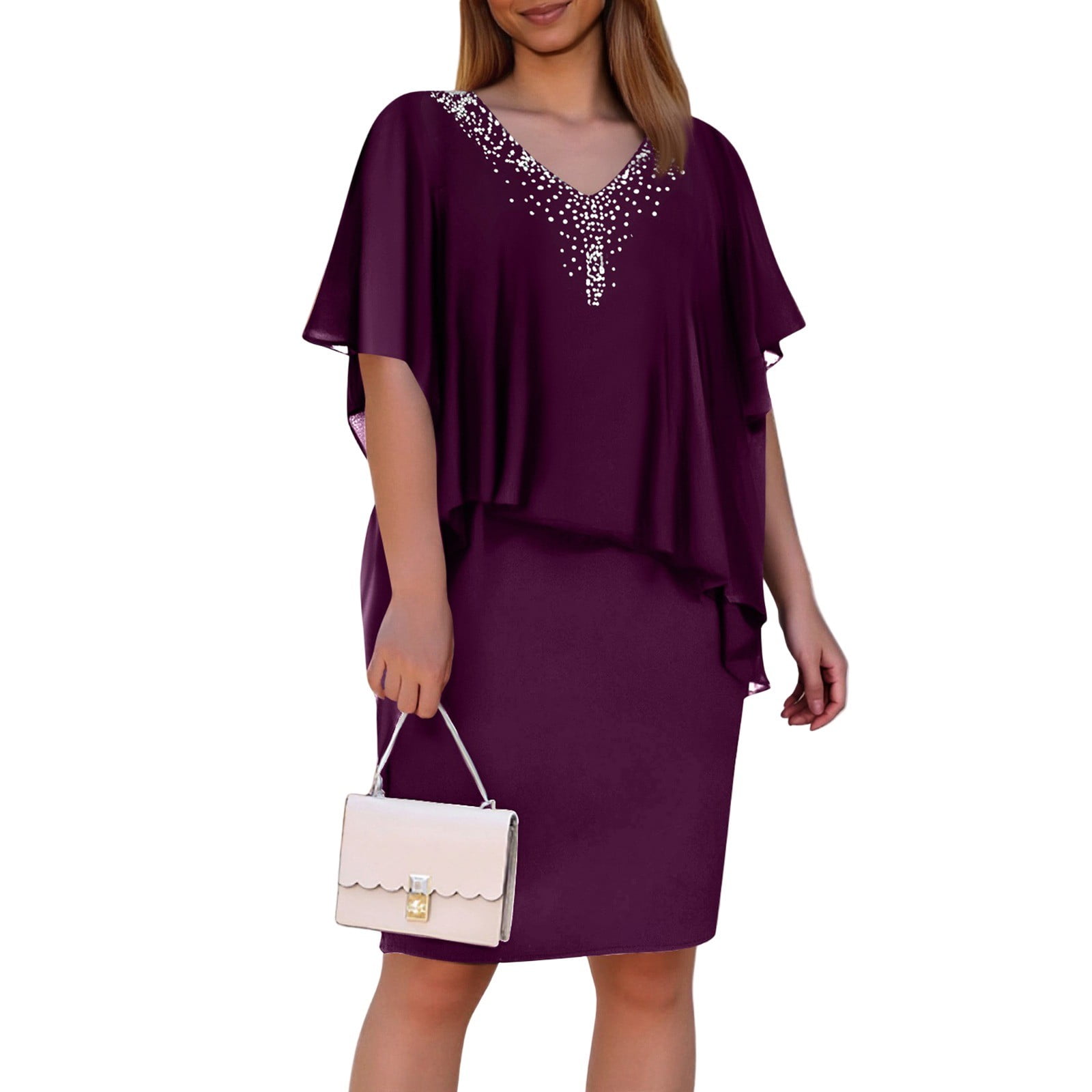 Summer Dresses For Women 2025, Chiffon Plus Size Solid Color V Neck Mid ...