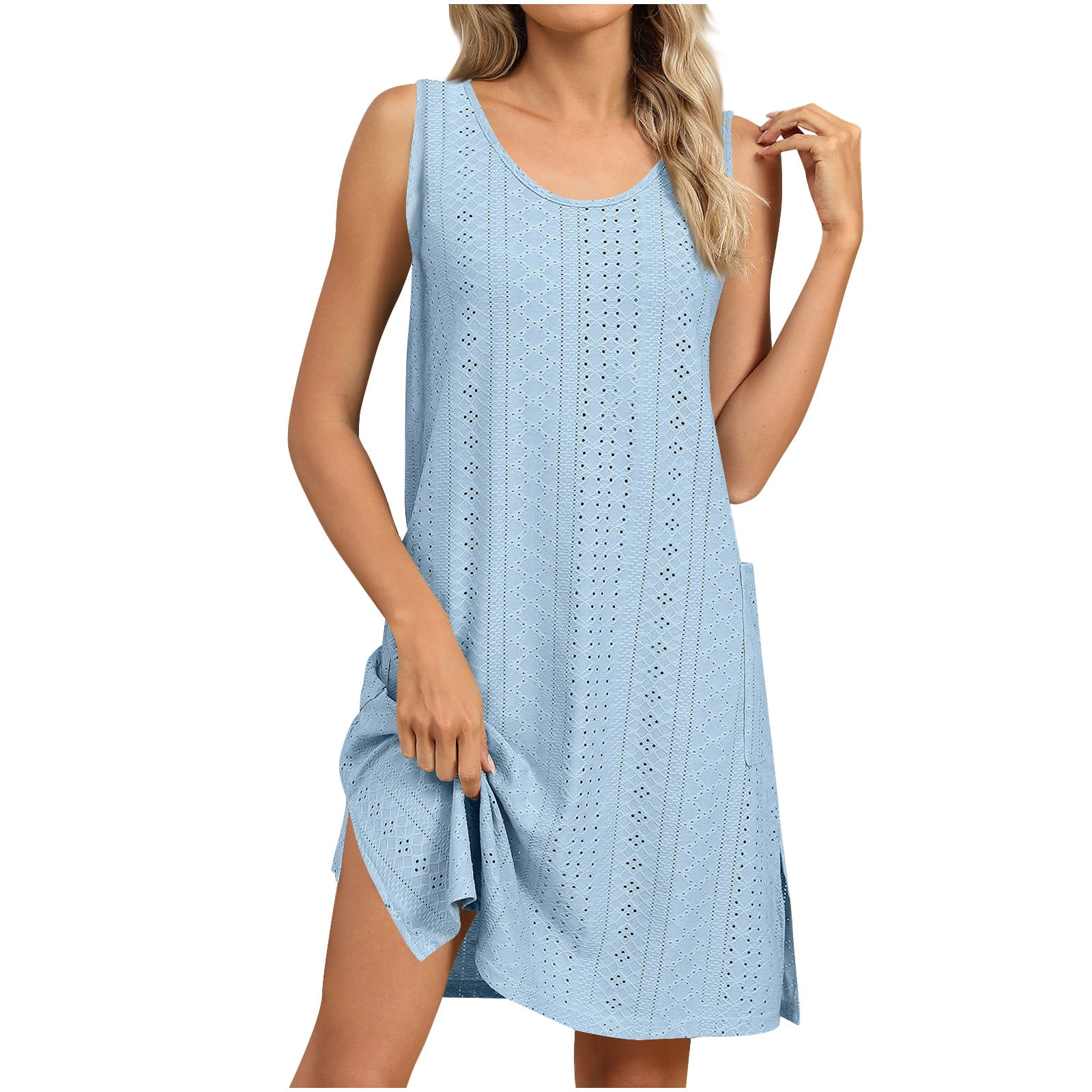 Summer Dresses for Women 2025 Eyelet Sundress Round Neck Short Sleeve ...