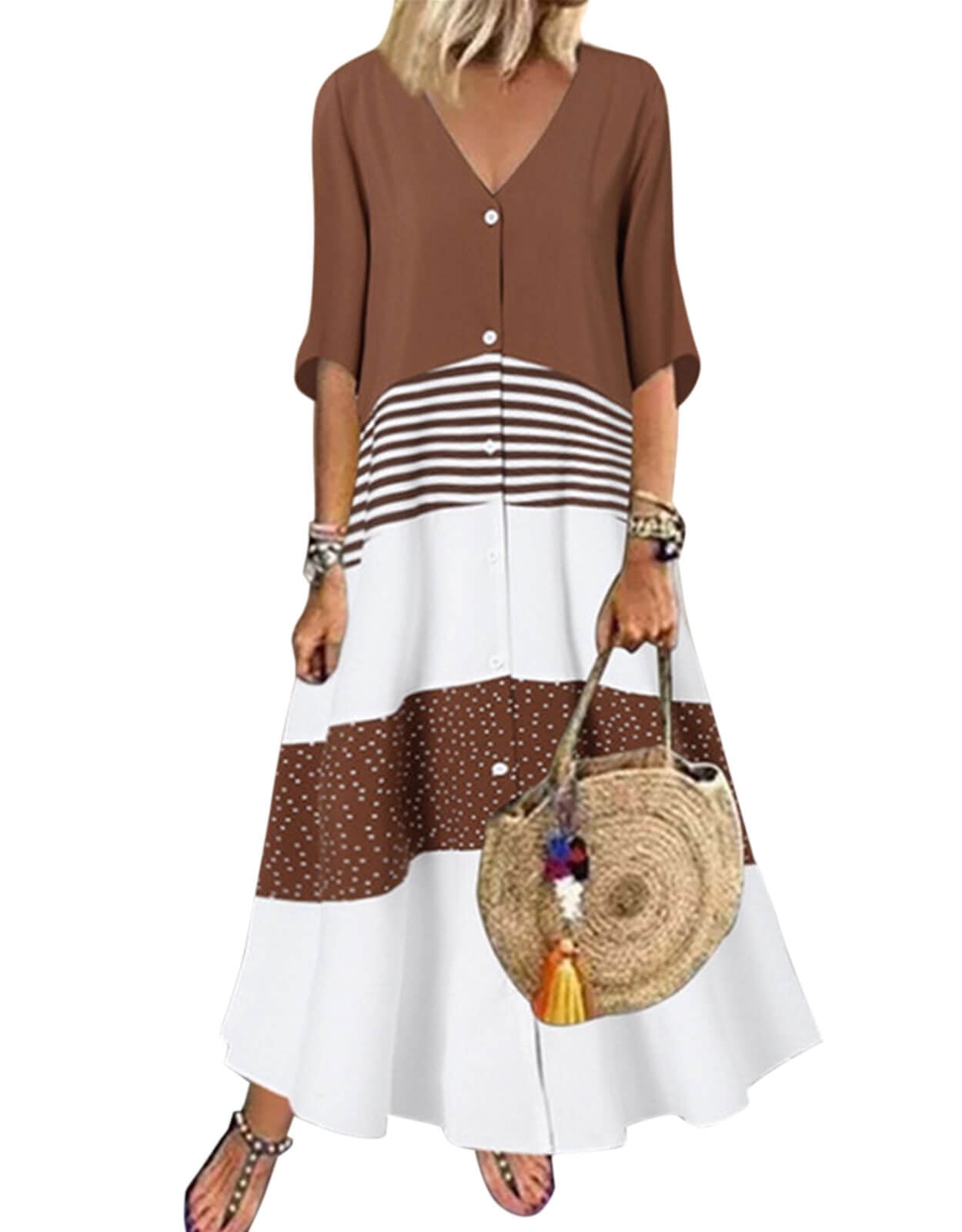 Alsol Lamesa Women's Summer Dress 2022, V Neck, 3/4 Sleeve, Patchwork ...