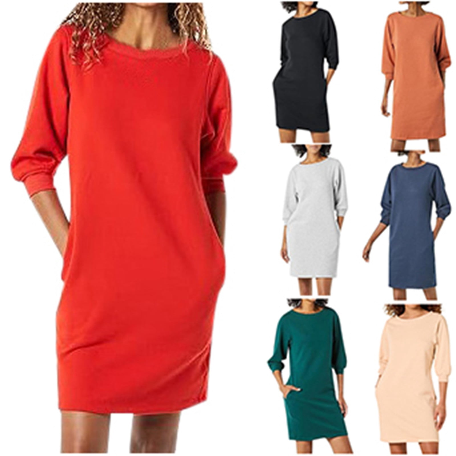 Summer Dresses for Women 2025 3/4 Sleeve Solid Round Neck Pocket Dress ...